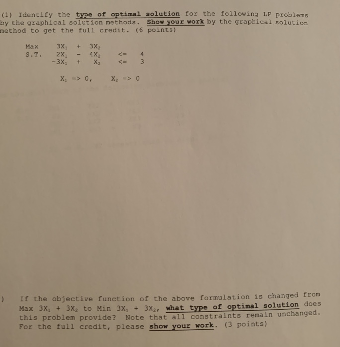 Solved (1) Identify the type of optimal solution for the | Chegg.com