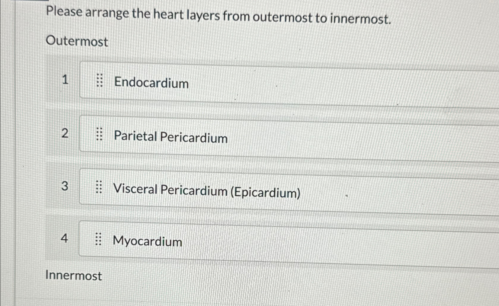 Solved Please arrange the heart layers from outermost to | Chegg.com