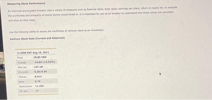 Solved Measuring Stock Performance An informed and prudent | Chegg.com