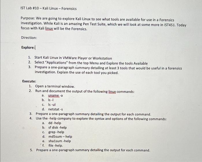 Solved IST Lab #10 - Kali Linux - Forensics Purpose: We are | Chegg.com