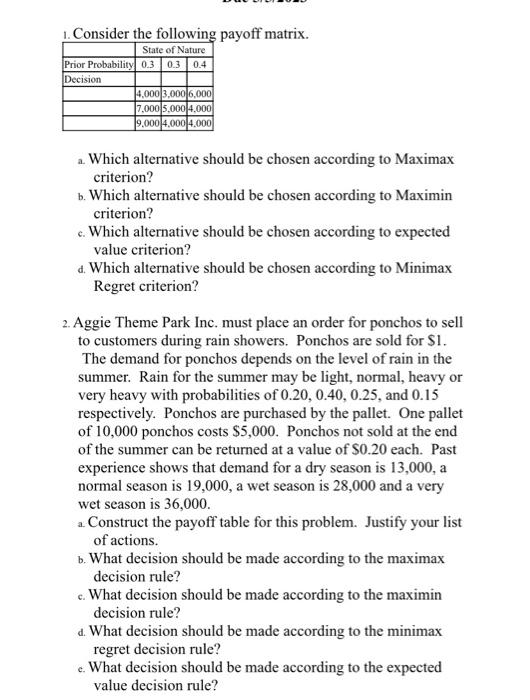 Solved 1. Consider the following payoff matrix. a. Which | Chegg.com