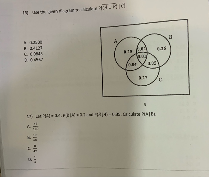 Solved 16) Use the given diagram to calculate PI(AUB) | C) B | Chegg.com