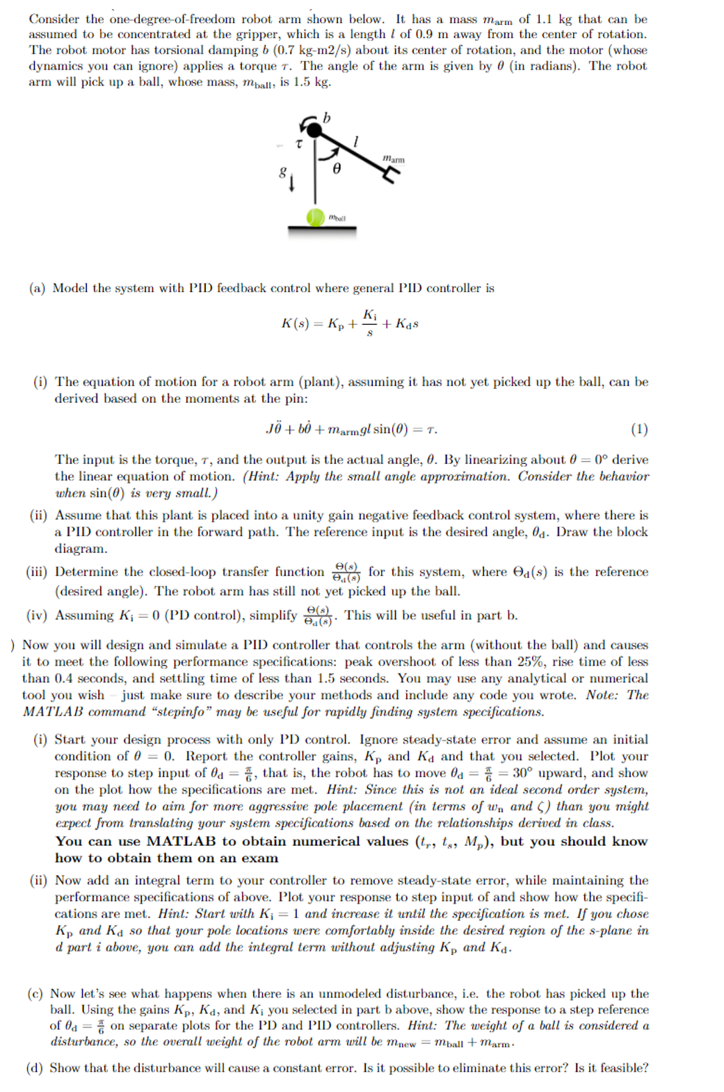Consider the one-degree-of-freedom robot arm shown | Chegg.com