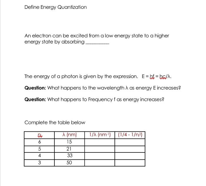 Solved Define Energy Quantization An electron can be excited | Chegg.com