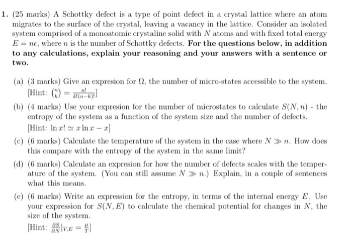 Solved 1. (25 marks) A Schottky defect is a type of point | Chegg.com