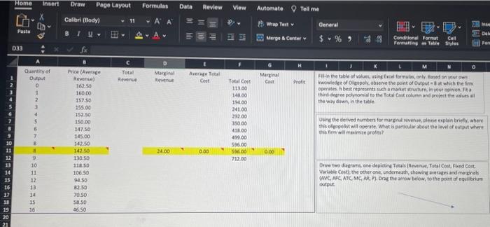 Using Excel, fill out the table with formulas.( | Chegg.com