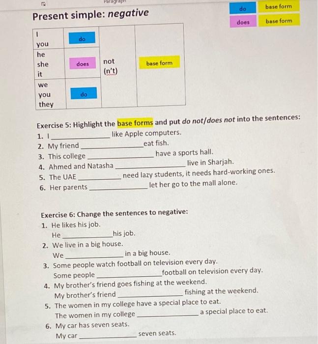 Solved Present simple: negative Exercise 5: Highlight the | Chegg.com