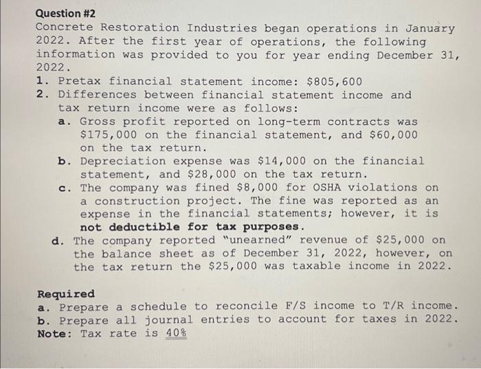 Solved Question \#2 Concrete Restoration Industries began | Chegg.com