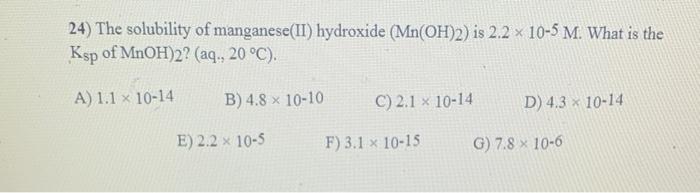 Solved 24) The solubility of manganese(II) hydroxide | Chegg.com