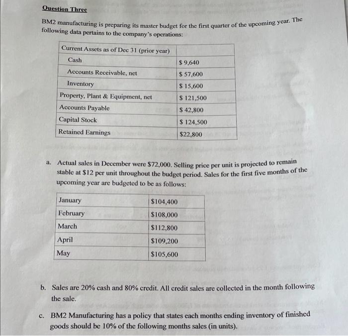 Solved Question Thres BM2 manufacturing is preparing its | Chegg.com