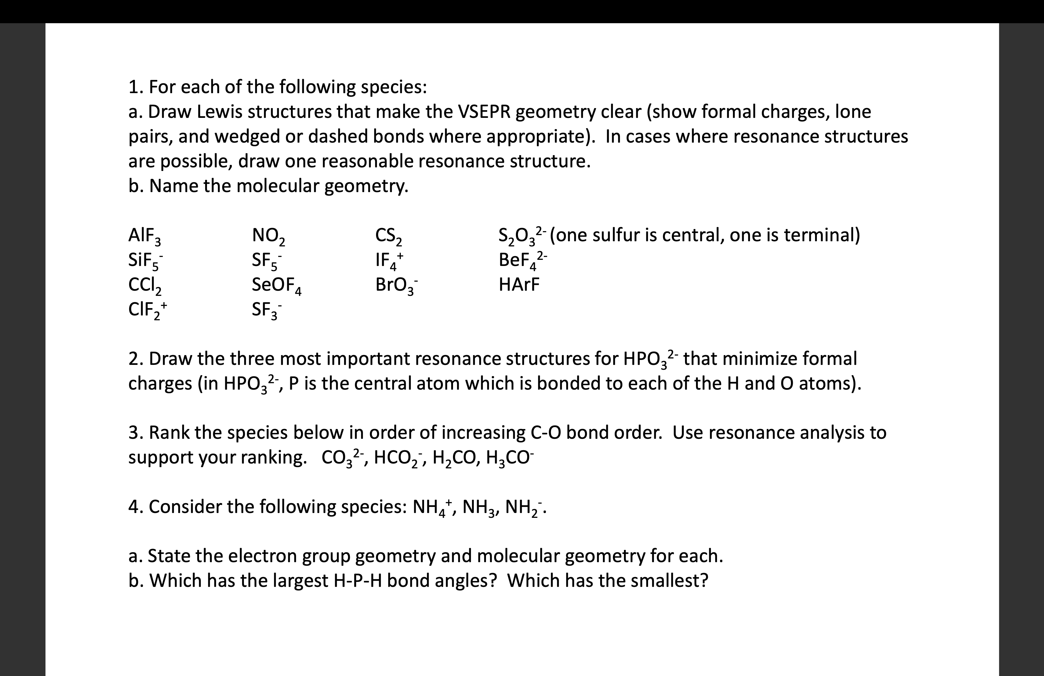 Solved 1. ﻿For each of the following species:a. ﻿Draw Lewis | Chegg.com