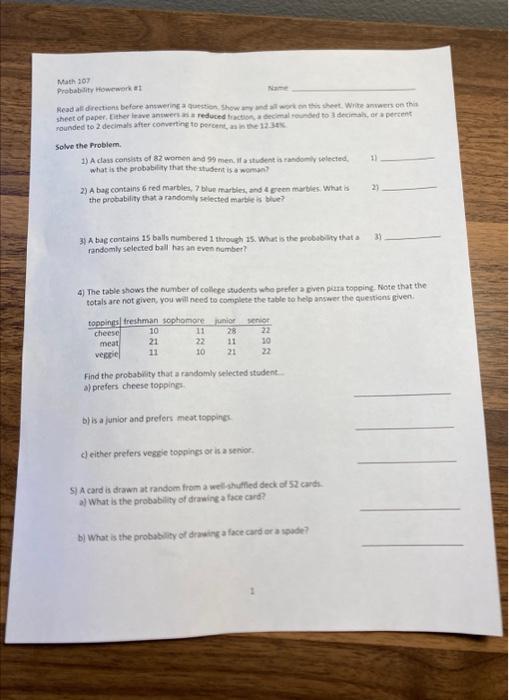 Solved Math 107 Probability Howework #1 Read all directions | Chegg.com