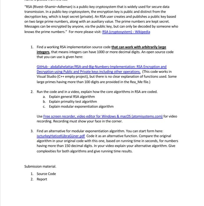 "RSA (Rivest-Shamir-Adleman) is a public-key | Chegg.com