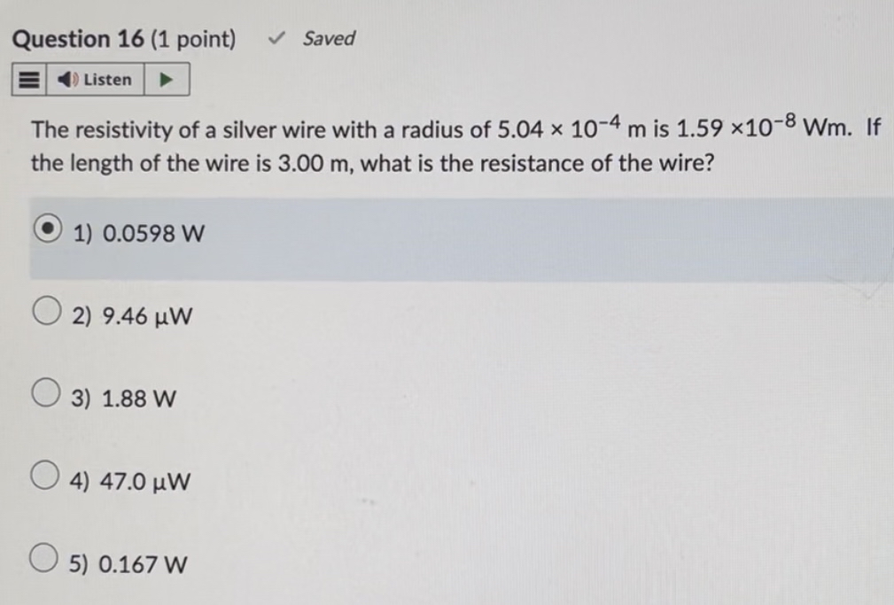 Solved Question 16 (1 ﻿point) ﻿SavedThe resistivity of a | Chegg.com
