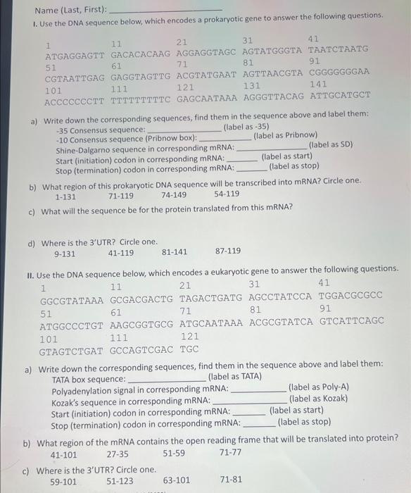 Solved Name (Last, First): I. Use the DNA sequence below, | Chegg.com