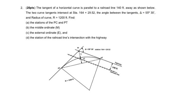 Solved 2. (20pts) The tangent of a horizontal curve is | Chegg.com