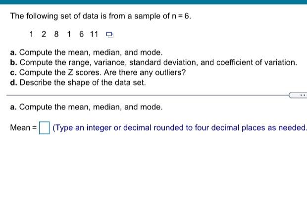 Solved The following set of data is from a sample of n = 6. | Chegg.com