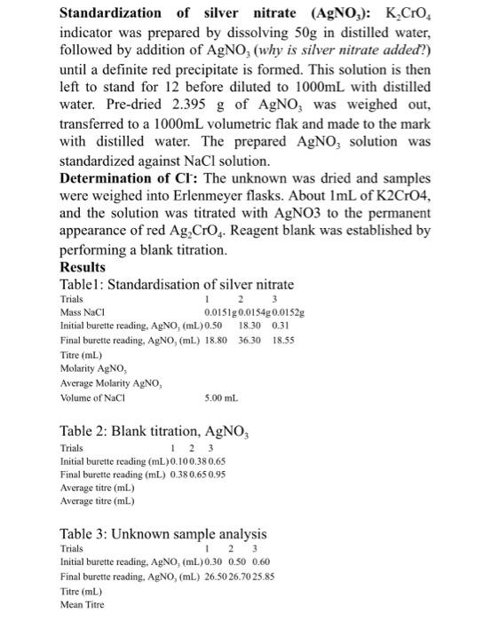 Solved Standardization of silver nitrate (AgNO3): K Cro | Chegg.com