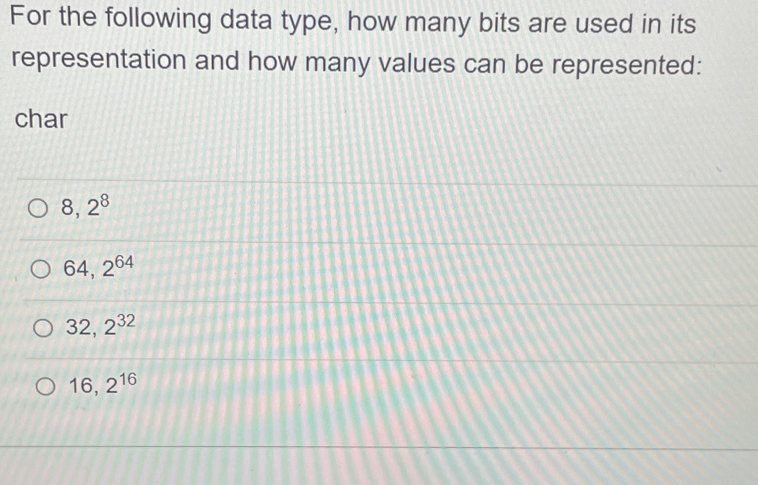 Solved For the following data type, how many bits are used | Chegg.com