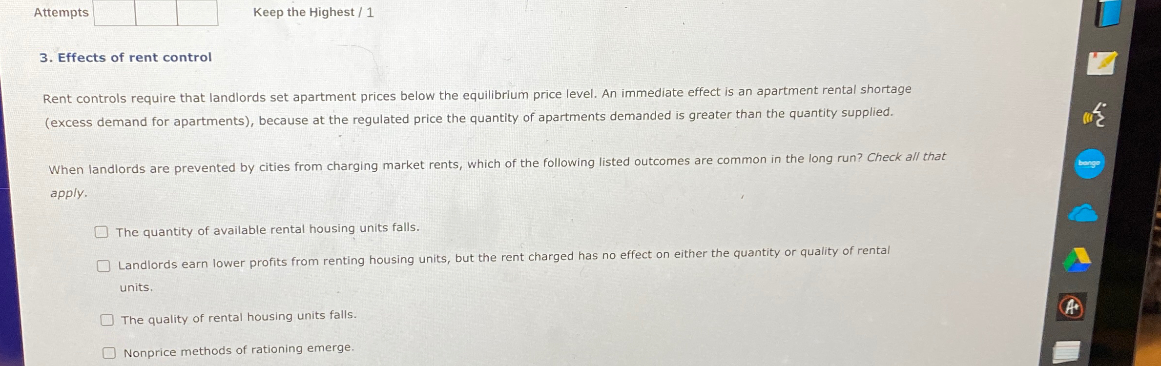 Solved AttemptsKeep the Highest / 13. ﻿Effects of rent | Chegg.com