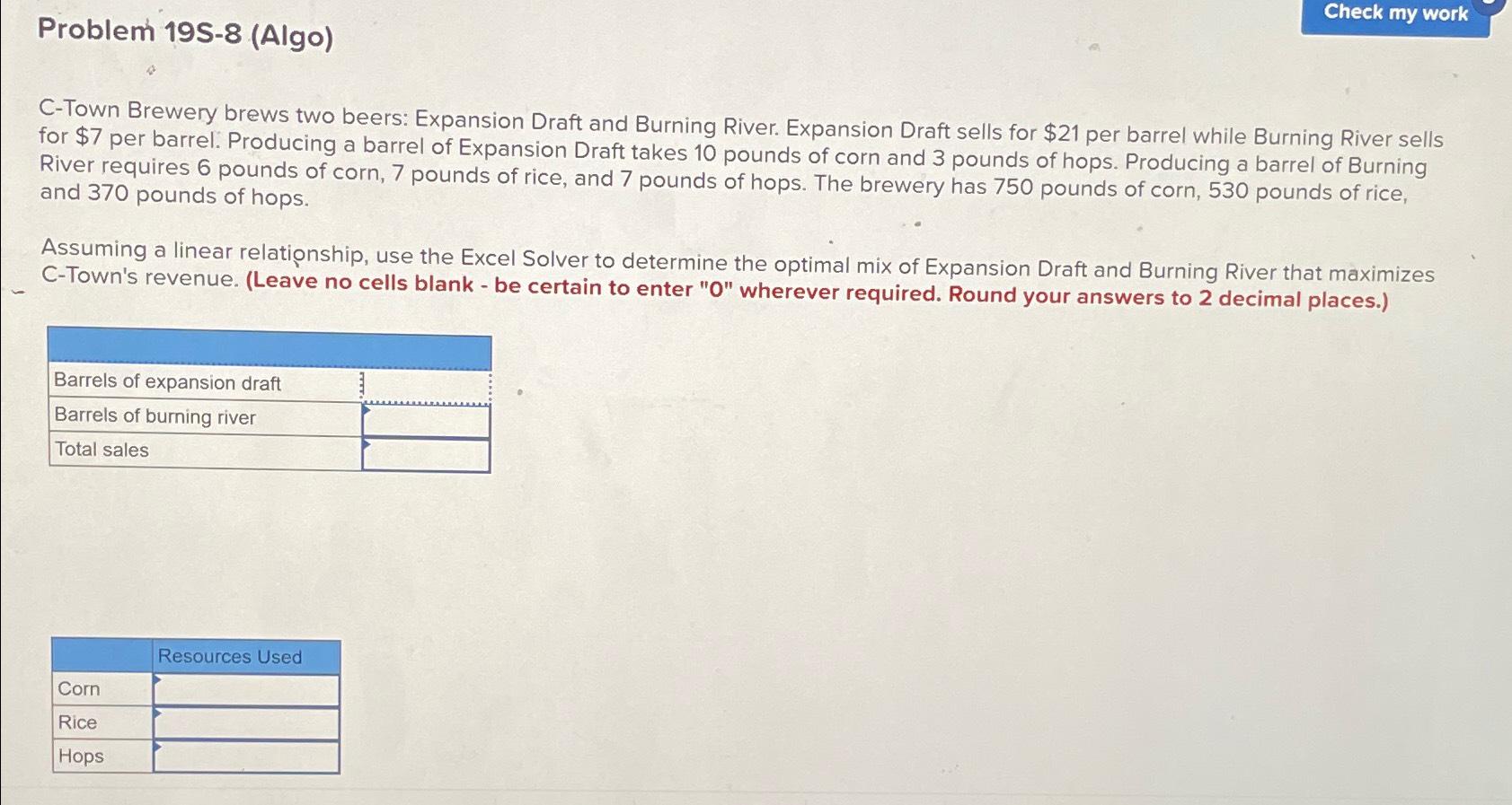 Solved Problem 19S-8 (Algo)C-Town Brewery brews two beers: | Chegg.com