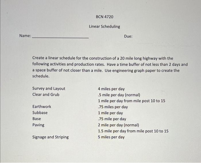 Solved Create a linear schedule for the construction of a 20 | Chegg.com