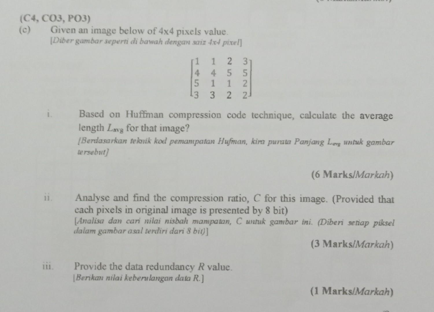 Solved (C4,CO3,PO3) (c) Given an image below of 4×4 pixels | Chegg.com