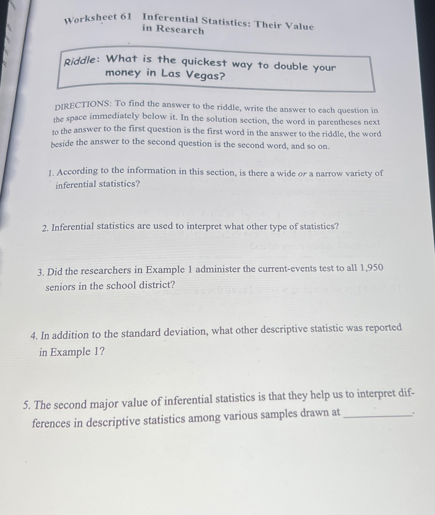 Solved Worksheet 61 ﻿Inferential Statistics: Their Valuein | Chegg.com