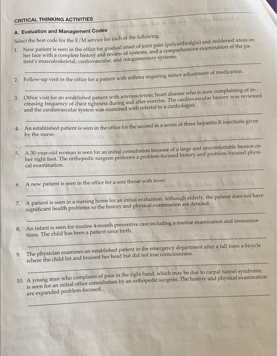Solved A Evaluation And Management Codes Select The Best
