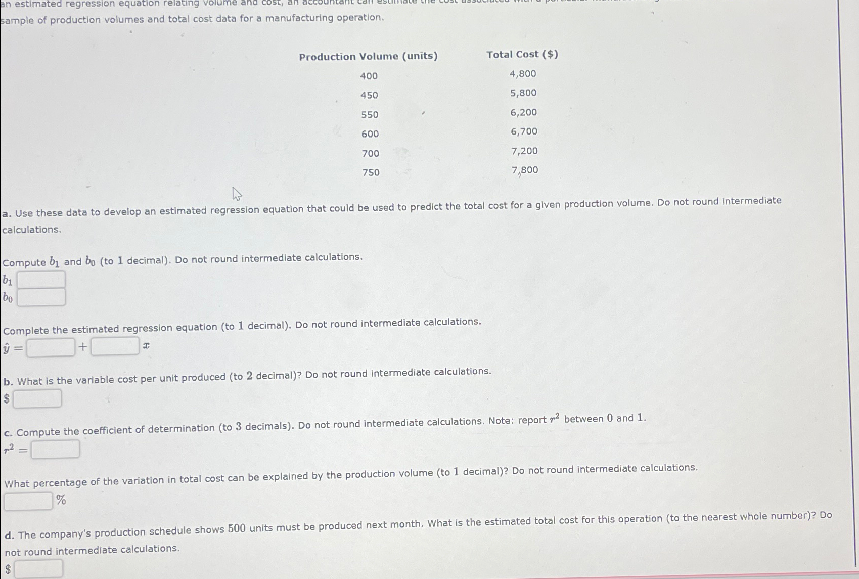 Solved sample of production volumes and total cost data for | Chegg.com