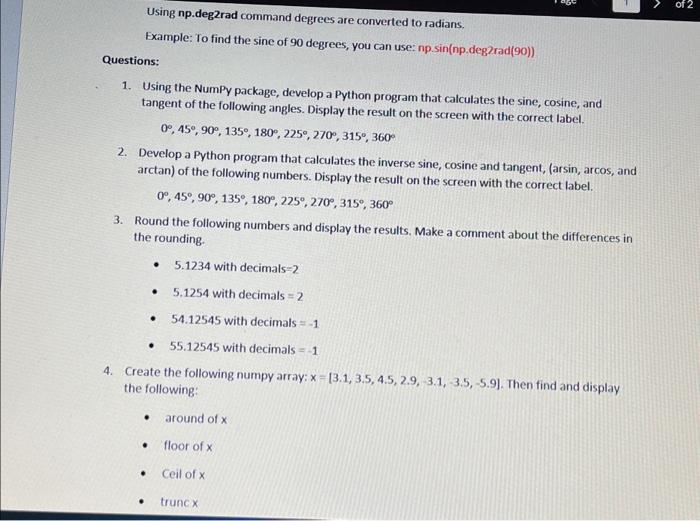 Solved Using Np Deg2rad Command Degrees Are Converted To