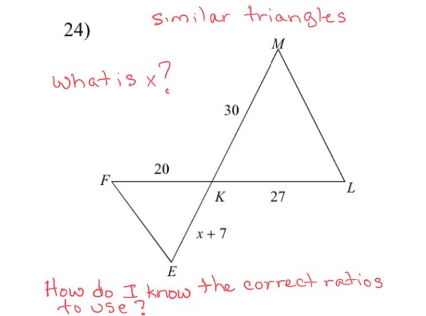 Solved 24) Similar triangles What is x? 30 F 20 1 / 27 x + 7 | Chegg.com
