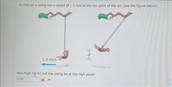 [Solved]: A child on a swing has a speed of 1.9m/s at the l