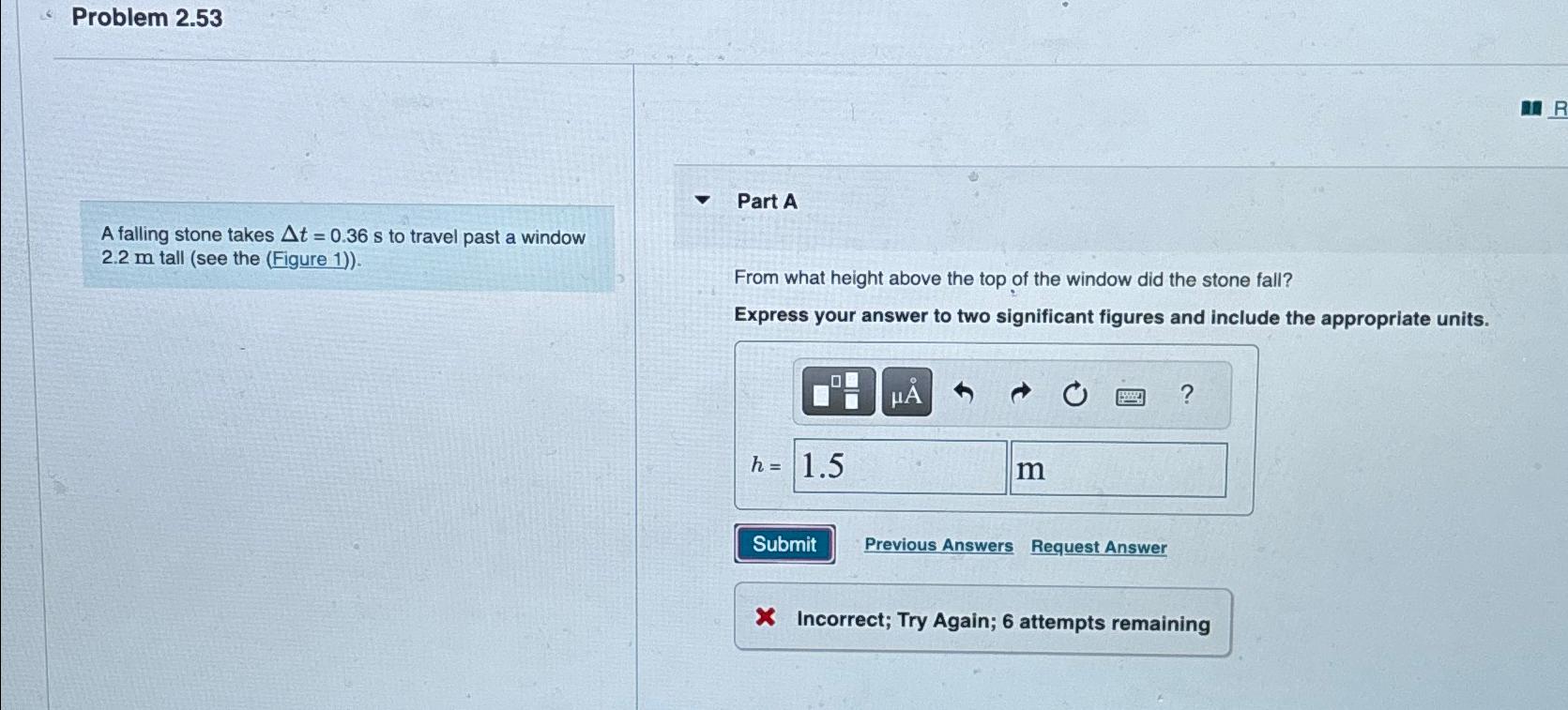Solved Problem 2.53A falling stone takes Δt=0.36s ﻿to travel | Chegg.com