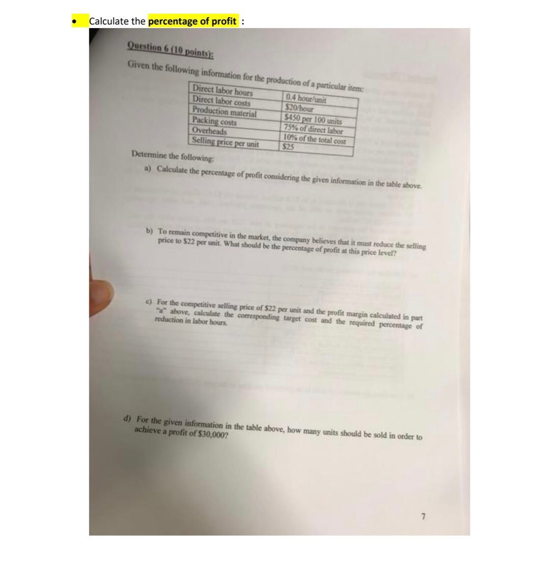 Solved Calculate the percentage of profit :Question 6 (10 | Chegg.com