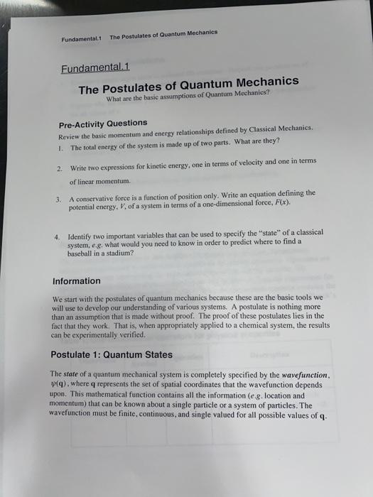 Solved Fundamental, The Postulates of Quantum Mechanics | Chegg.com