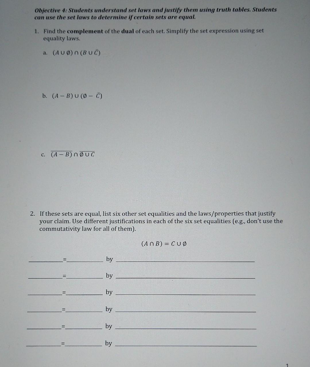 Solved objective 4: Students understand set laws and justify | Chegg.com