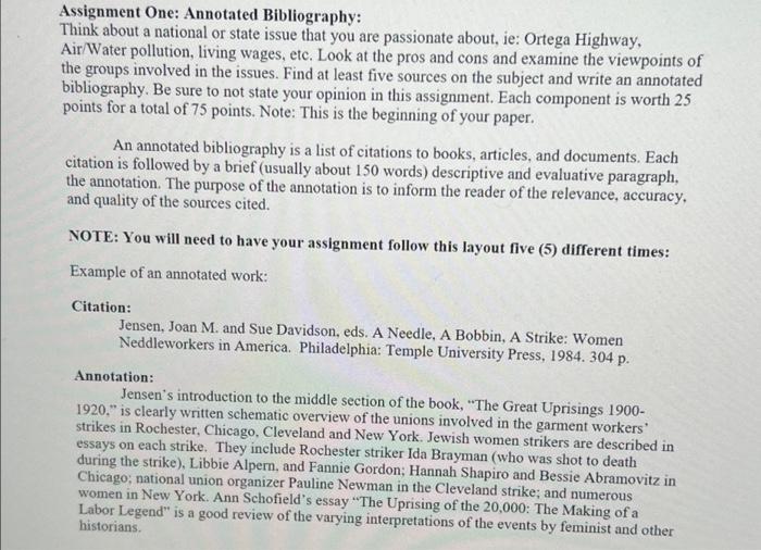 Assignment One: Annotated Bibliography: Think about a | Chegg.com