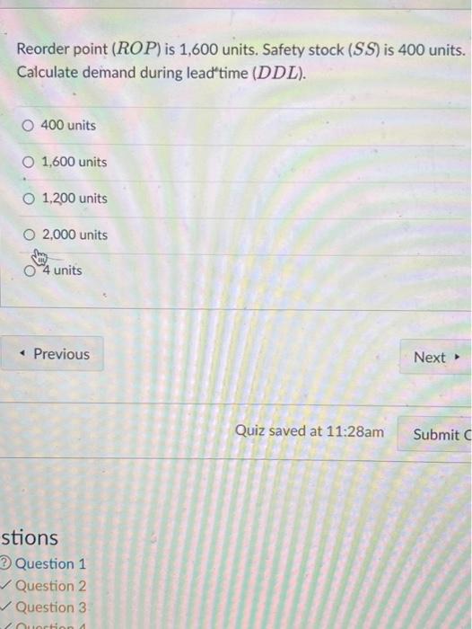 Solved Reorder point (ROP) is 1,600 units. Safety stock (SS) | Chegg.com