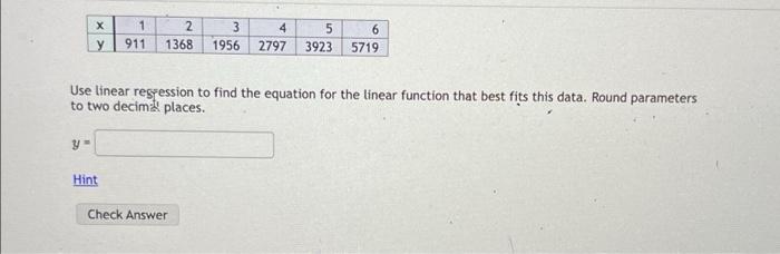 Solved X y y= 1 2 3 911 1368 1956 Hint Use linear regression | Chegg.com