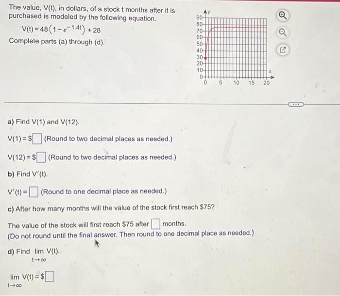 Solved The value, V(t), in dollars, of a stock t months | Chegg.com