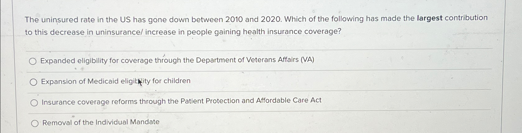 The uninsured rate in the US has gone down between | Chegg.com