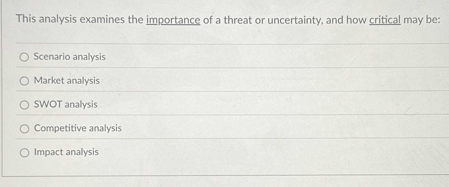 Solved This analysis examines the importance of a threat or | Chegg.com