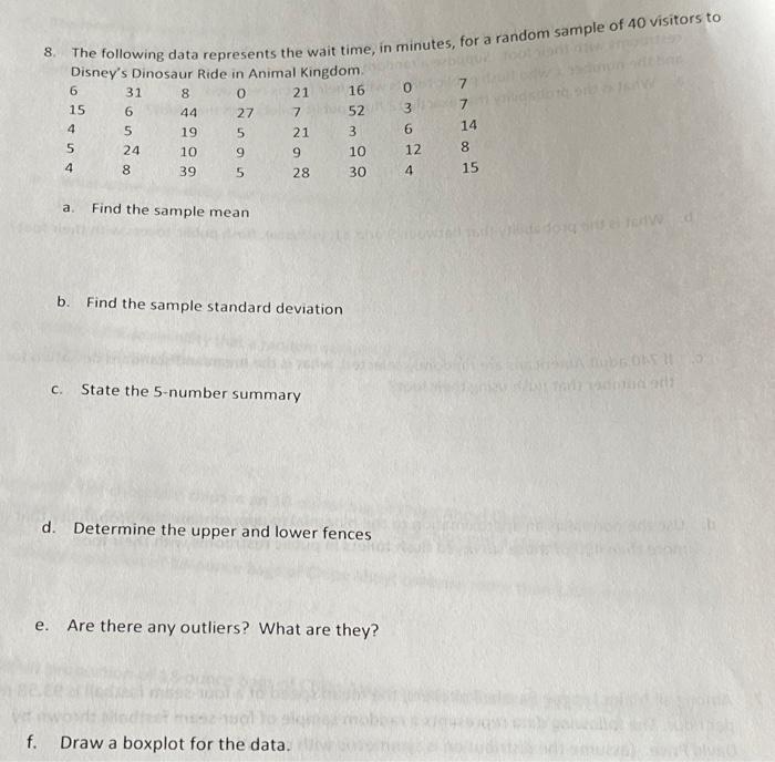 Solved 8. The following data represents the wait time, in | Chegg.com