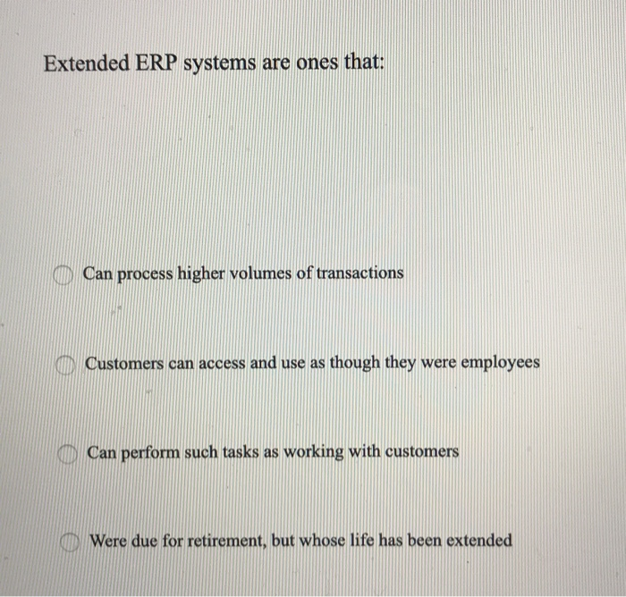 Solved Extended ERP systems are ones that: Can process | Chegg.com