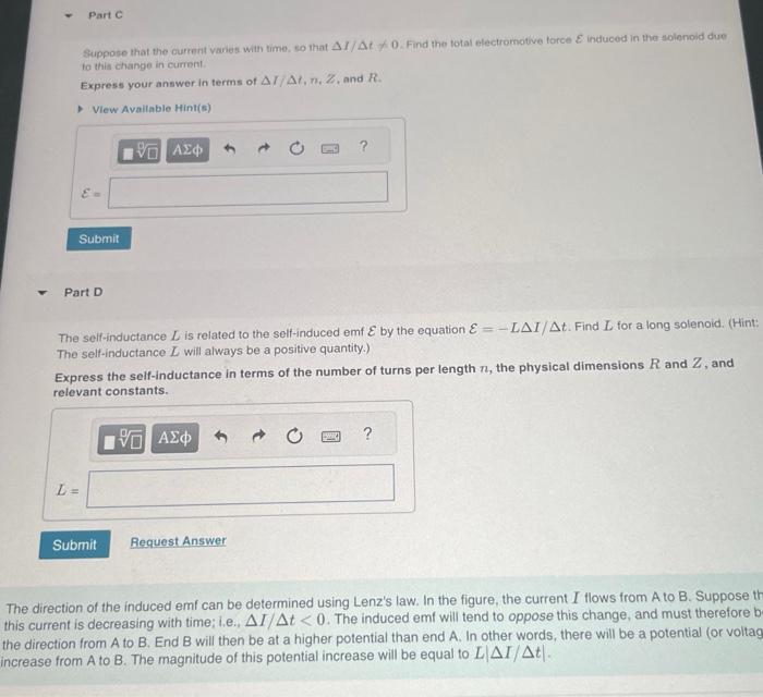 Solved V Part A B = Submit Part B Within the solenoid, but | Chegg.com