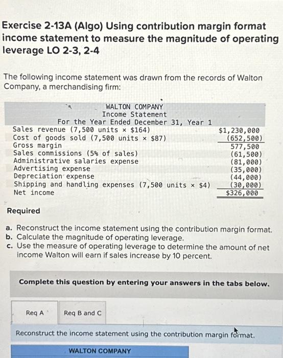 Exercise 2-13A (Algo) Using contribution margin | Chegg.com