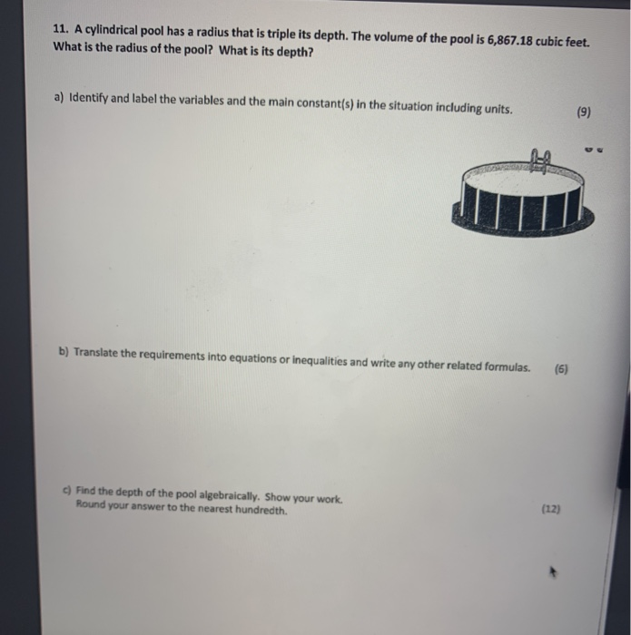 Solved 11. A cylindrical pool has a radius that is triple | Chegg.com