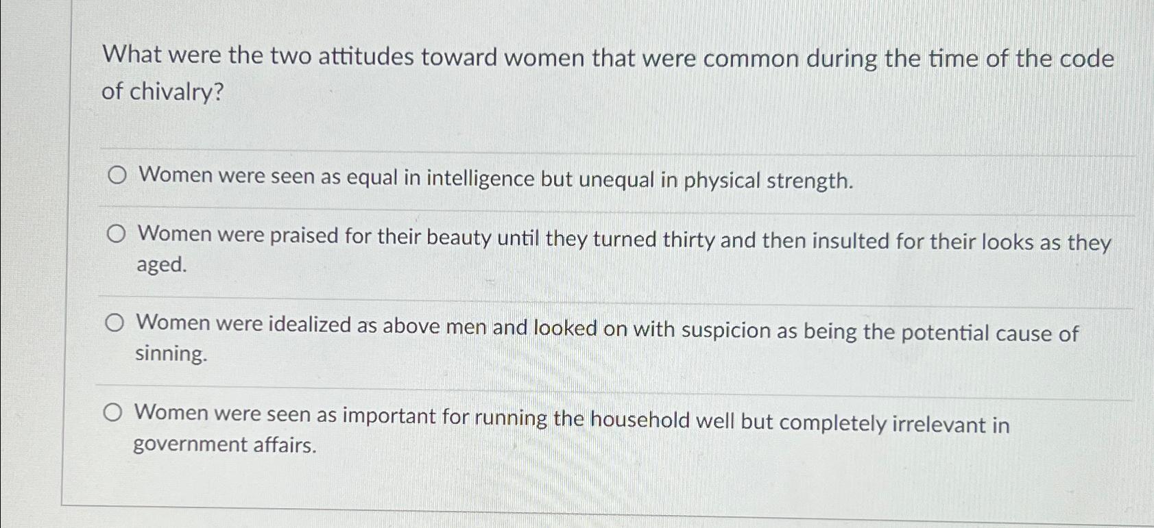 Solved What were the two attitudes toward women that were | Chegg.com