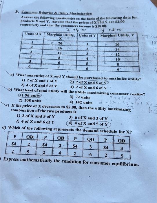 Solved 2. Consumer Bchavior \& Utility Maximization Answer | Chegg.com